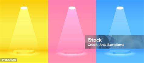 노란색 진한 파란색 빨간색 현실적인 3d 플로팅 실린더 연단과 네온 램프가 매달려 있는 세트 단계 진열장 제품 전시 벡터 렌더링 기하학적 형태 추상적인 최소 장면 0명에