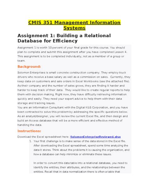 Cmis 351 Assignment 1 Cmis 351 Management Information Systems