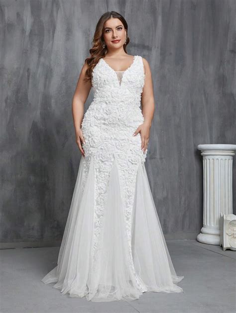 Faeriesty Plus Size Floral Appliques Detail Mesh Formal Dress White