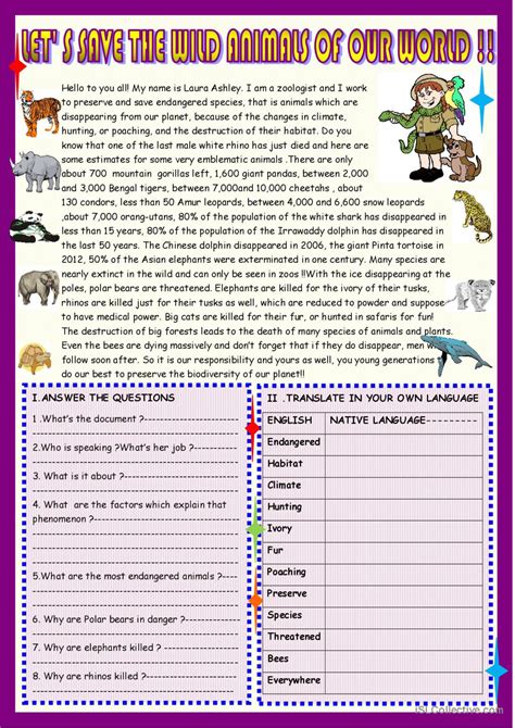 Wild Animals Reading Comprehension Worksheets