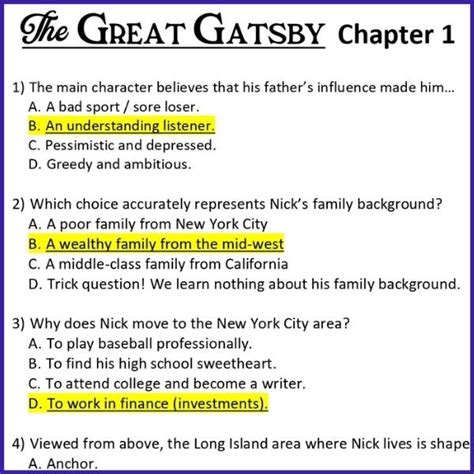 THE GREAT GATSBY Reading Questions by Chapter - TeachNovels.com