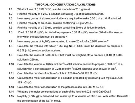Solved Tutorial Concentration Calculations 11 What Volume