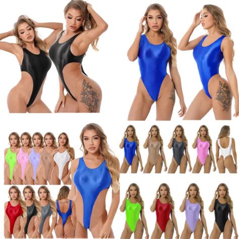 Women Glossy One Piece Swimwear High Cut Bodysuit Monokini Summer Beach