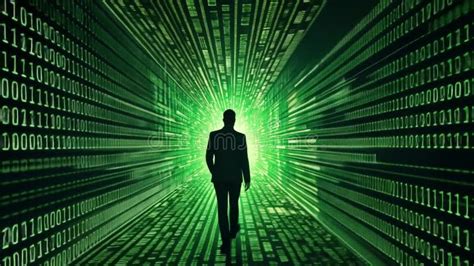 Silhouette Walking Through Digital Tunnel Of Binary Code Representing Data Flow And Cyber