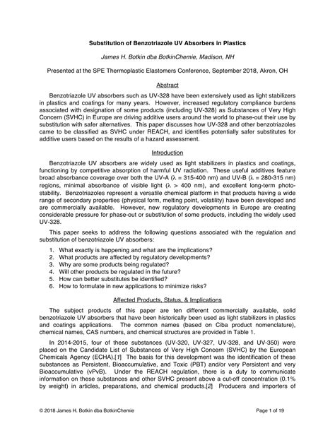 Substitution Of Benzotriazole Uv Absorbers In Plastics Pdf Skin And