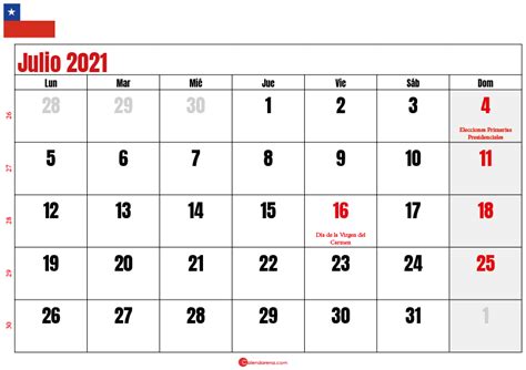 Calendario Julio 2021 Chilie Para Imprimir