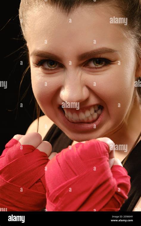 Angry Muay Thai Female Boxer In Attack Pose Fitness Young Woman Boxing