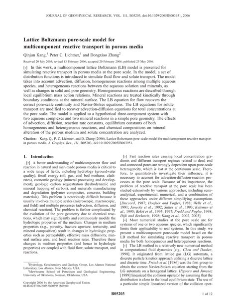 Pdf Lattice Boltzmann Pore Scale Model For Multicomponent Reactive Transport In Porous Media