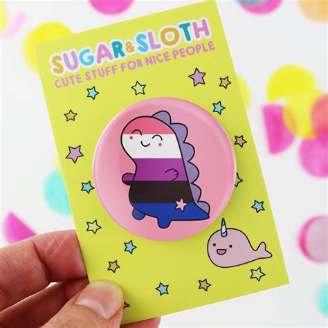 Genderfluid Pride Flag Dinosaur Button Badge Sugar And Sloth