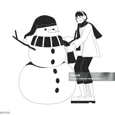 눈사람 목에 스카프를 묶는 겨울 코트 여자 흑백 2d 라인 캐릭터 2차 도형에 대한 스톡 벡터 아트 및 기타 이미지 2차 도형 가공의 인물 겨울 Istock