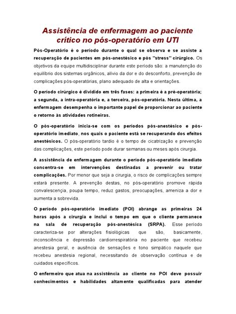 Assistência De Enfermagem Ao Paciente Crítico No Pós Pdf Enfermagem