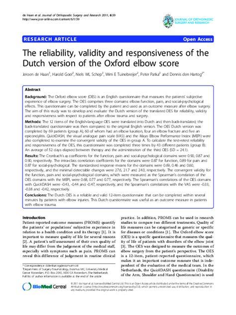 Pdf The Reliability Validity And Responsiveness Of The Dutch Version Of The Oxford Elbow Score