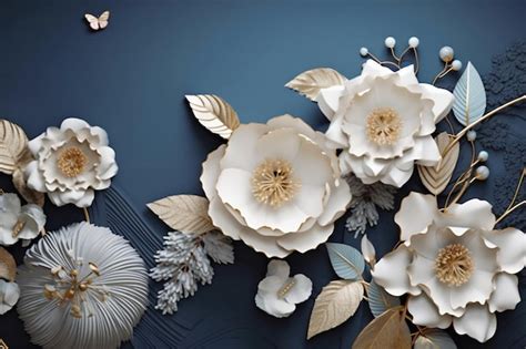 3 D の壁画イラスト白青の背景に金色の宝石と黒の装飾的な花 プレミアム写真