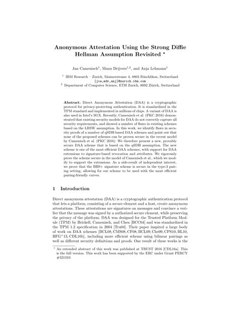 Pdf Anonymous Attestation Using The Strong Diffie Hellman Assumption