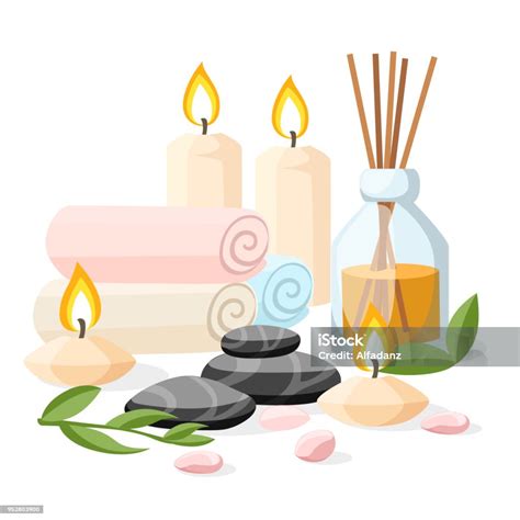 다채로운 스파 도구 및 액세서리 검은 현무암 마사지 돌 나물 장소 텍스트와 흰색과 파란색 배경에 수건 초와 석유 벡터 일러스트 레이 션을 올리고 개체 그룹에 대한 스톡 벡터