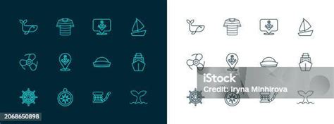 세트 라인 요트 범선 나침반 선원 모자 밧줄이 달린 해양 볼라드 위치 앵커 앵커 고래 및 줄무늬 선원 티셔츠 아이콘 벡터 가공의 인물에 대한 스톡 벡터 아트 및 기타 이미지