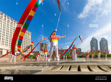 CHONGQING CHINA SEPTEMBER 26 2022 People Dance Ribbon Dragons At