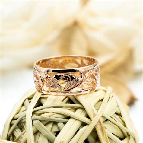 14k Gold 8mm Hawaiian Ring Hand Engraved Cutout Plumeria And Scroll