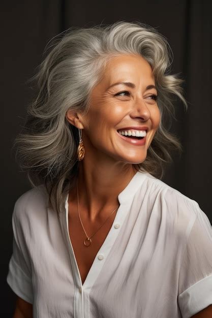 Beautiful Senior Model Woman With Grey Hair Smiling And Laughing