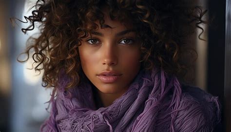 One Young Woman With Curly Hair Looking At Camera Smiling Generated By