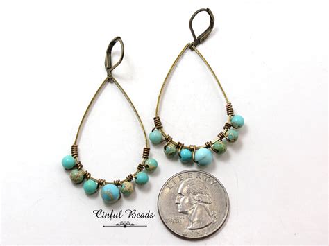 Wire Wrapped Teardrop Earrings Turquoise Sea Sediment Dangle Earrings