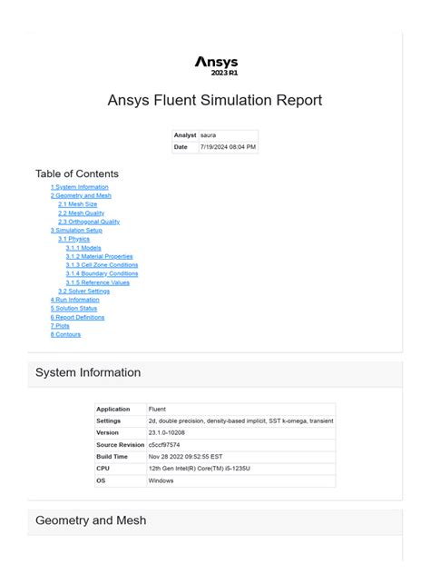 Ansys Fluent Simulation Report Pdf Turbulence Shear Stress