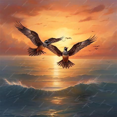 Premium Vector Flaying Bird In The Sky Sea And Sunset Background