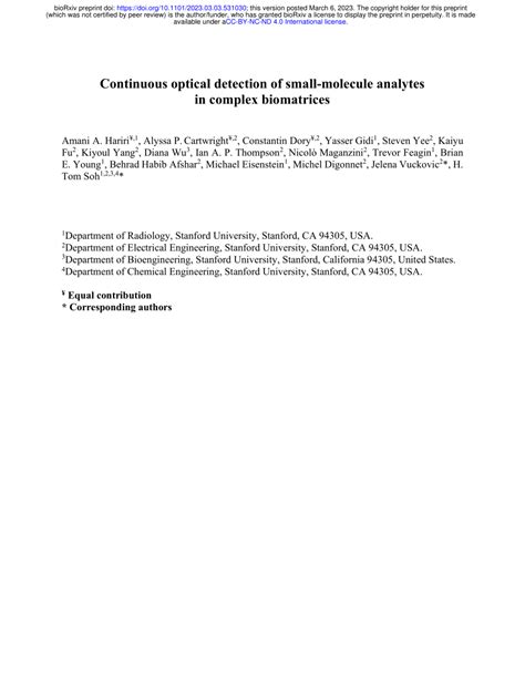 Pdf Continuous Optical Detection Of Small Molecule Analytes In Complex Biomatrices