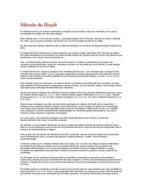 Método De Hondt Pdf Governo Eleições