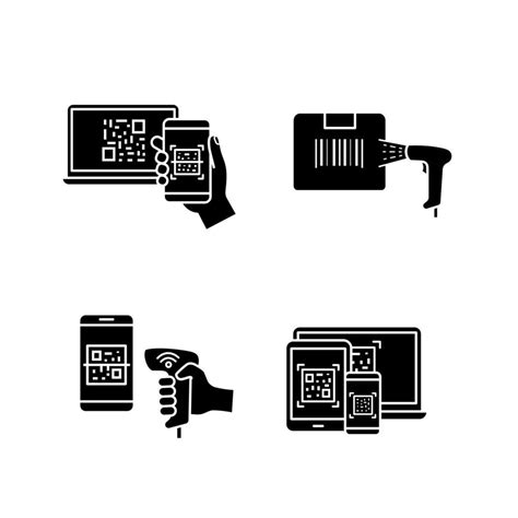 Barcodes Glyph Icons Parcel Barcode Scanning Qr Codes On Different