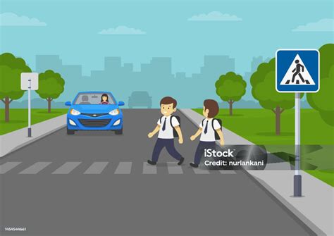 차가 횡단 보도에서 멈췄습니다 교통 표지판은 횡단 보도를 나타냅니다 횡단보도에서 길을 건너는 행복한 학교 아이들 교통에 대한 스톡 벡터 아트 및 기타 이미지 Istock
