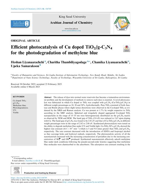 Pdf Efficient Photocatalysis Of Cu Doped Tio2g C3n4 For The Photodegradation Of Methylene Blue