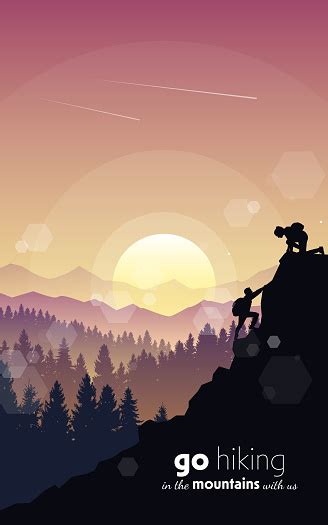 산을 등반하는 남자와 여자 팀워크 자연을 발견하고 탐험하고 관찰하는 여행 개념 하이킹 관광 모험 미니멀 한 그래픽 전단지 다각형 플랫 디자인 벡터 일러스트레이션 하이킹에