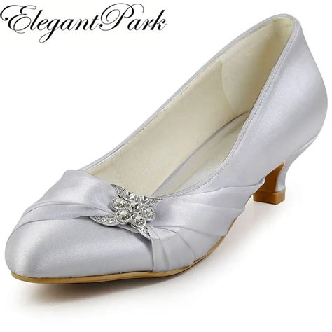 Silver Woman Low Heel Wedding Bridal Shoes Round Toe Rhinestone Satin