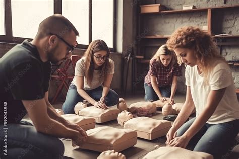 Performing Chest Compression On Dummy During Cpr Training Class