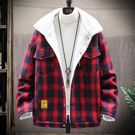 Xysaqa Mens Long Sleeve Sherpas Lined Fleeces Plaid Shirt Jacket Men