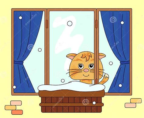 Ð¡at Sitting On The Window And Watching To The Snow Stock Vector