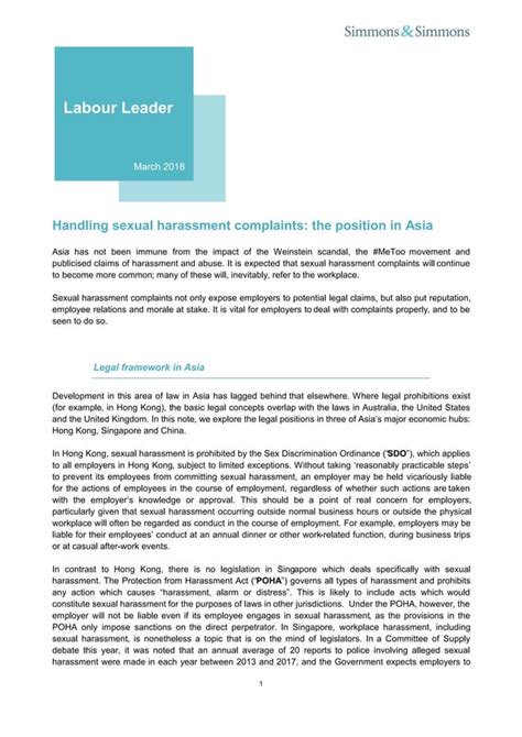 Handling Sexual Harassment Complaints The Position In Asia Pdf