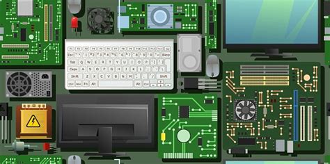 개인용 컴퓨터를위한 예비 부품의 큰 세트 수평으로 매끄러운 배경 Pc 또는 노트북 액세서리 키보드 마우스 및 모니터 보드 Ram 메모리 마더보드 및 비디오 카드 벡터 개념에