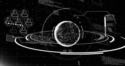 Image Of Globe With Icons And Data Processing Over Black Background Stock Illustration