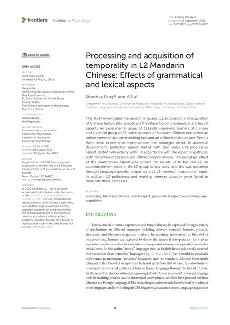 Pdf Processing And Acquisition Of Temporality In L2 Mandarin Chinese