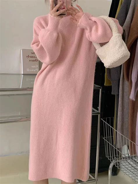 Elegant High Neck Midi Sweater Dresses With Relaxed Long Sleeves