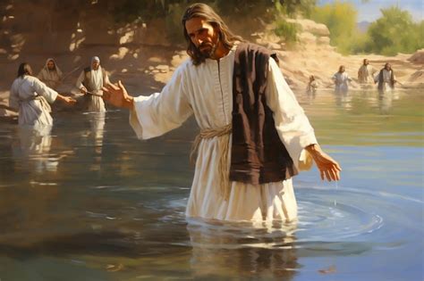 요르단 강 생성 Ai에서 예수 그리스도 세례 프리미엄 사진