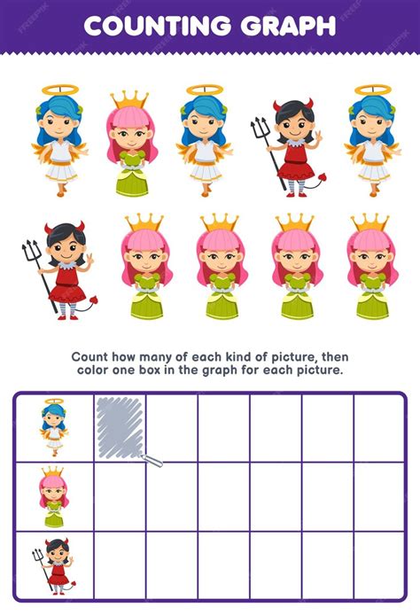 어린이를 위한 교육 게임은 귀여운 만화 여왕 천사 악마 소녀의 수를 세고 그래프 인쇄 가능한 웨어러블 할로윈 워크시트에서 상자를 색칠합니다 프리미엄 벡터