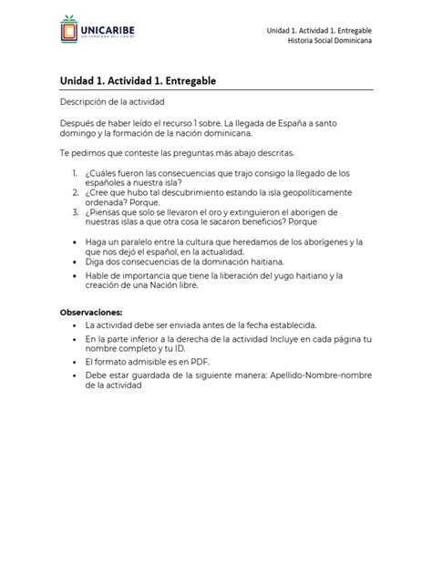 Unidad 1 Actividad 1 Entregable De Historia Social Dominicana Pdf