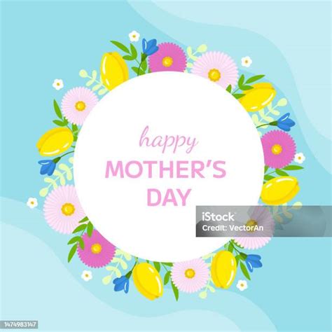 벡터 프레임 해피 어머니의 날 인사말 카드 템플릿입니다 파란색 배경에 튤립과 꽃이 있는 봄 휴가 포스터 수평 배경 초대장 전단지 이벤트 브로셔 어버이날에 대한 스톡 벡터