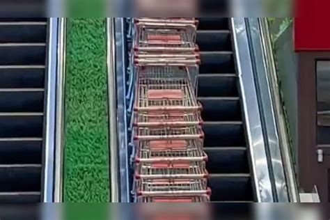 大开眼界了万万没想到这电梯这么样运超市拉货车直接排成火车了