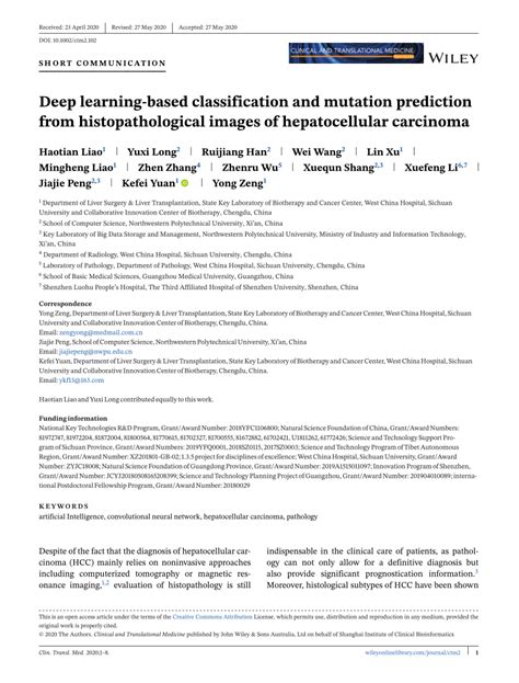 Pdf Deep Learning‐based Classification And Mutation Prediction From Histopathological Images