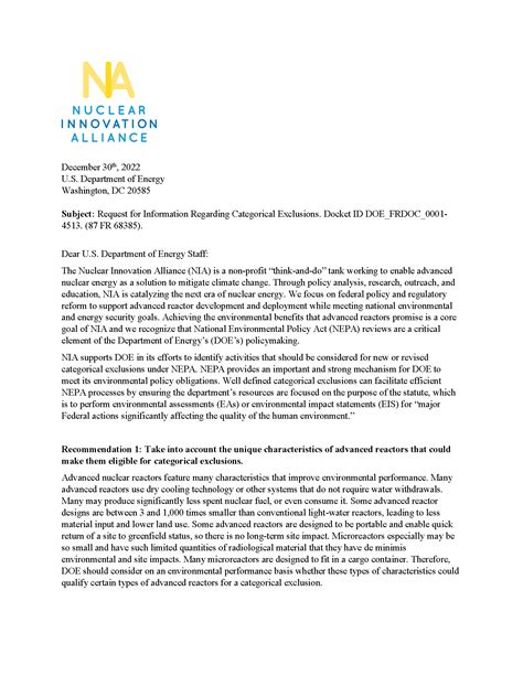 comment to doe on categorical exclusions nia