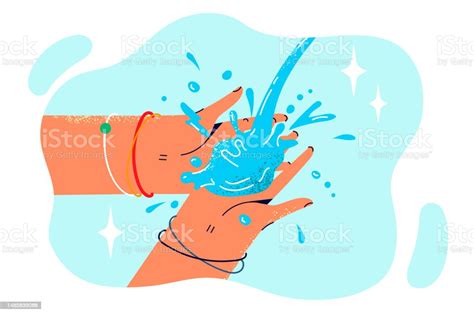 박테리아와 세균을 제거하기 위해 산책 후 소독 과정에서 물 분사로 손을 닫습니다 개념에 대한 스톡 벡터 아트 및 기타 이미지 개념 개수대 건강관리와 의술 Istock